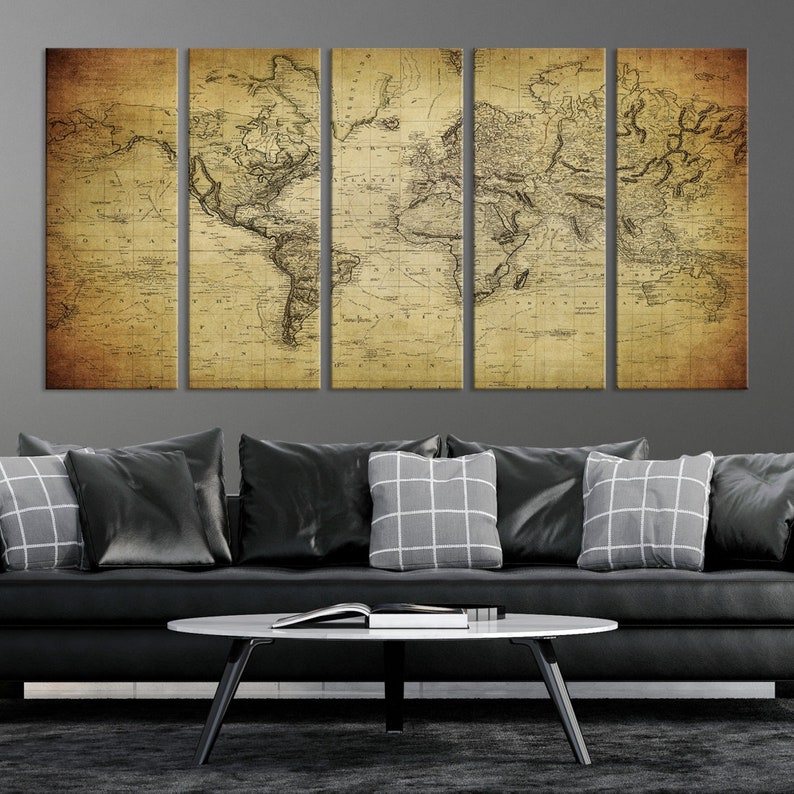 Antique World Map Canvas Wall Art Print Extra Large Multi Panel Rustic ...