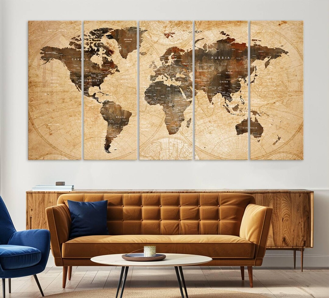 Distressed World Map Canvas Print Rustic Wall Art, Vintage Global Map ...
