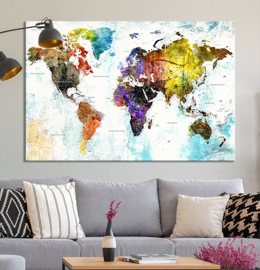 Colorful Textured World Map Canvas Wall Art Print Extra Large Multi ...