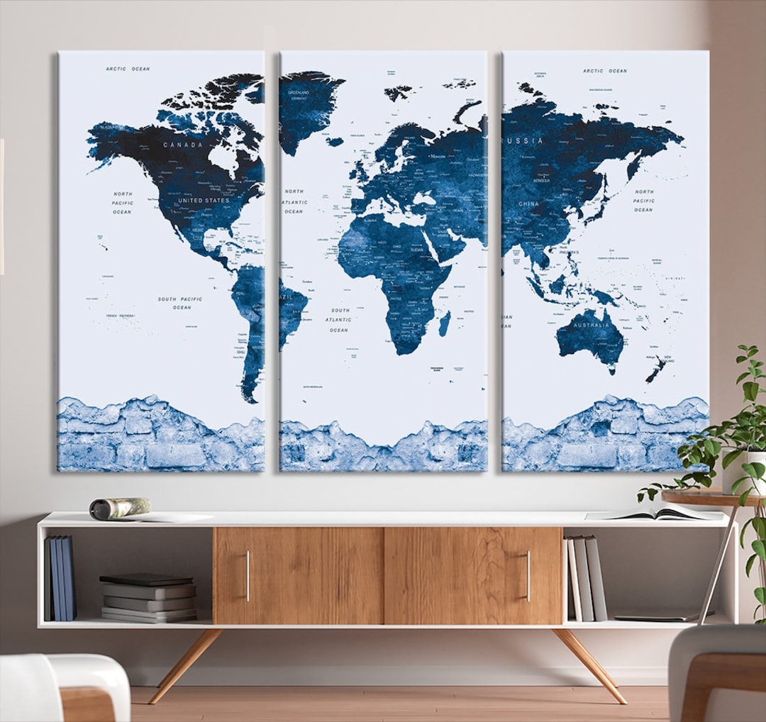 Blue World Map Wall Art Old World Map Canvas World Map Print World Map ...