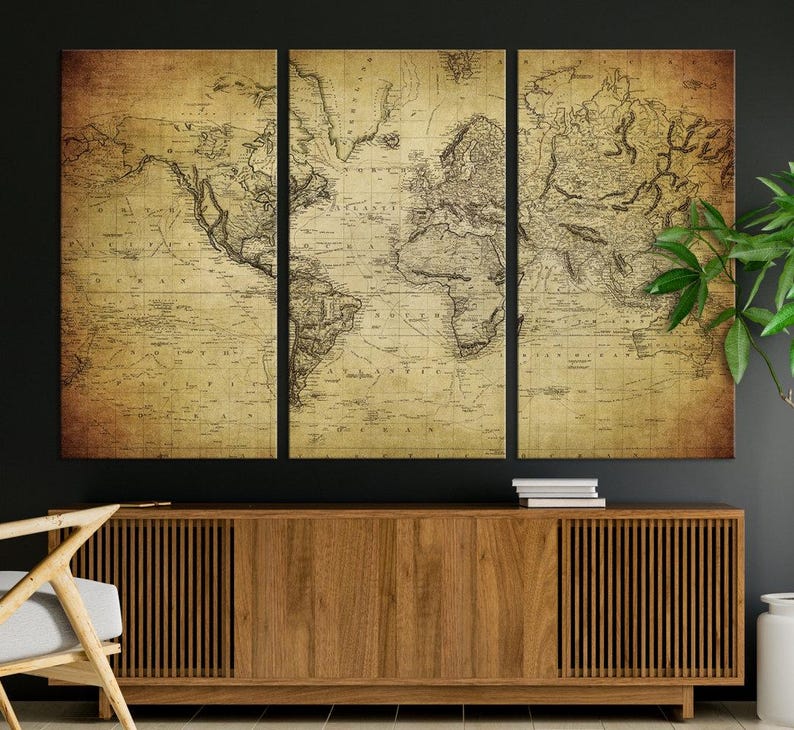 Antique World Map Canvas Wall Art Print Extra Large Multi Panel Rustic ...