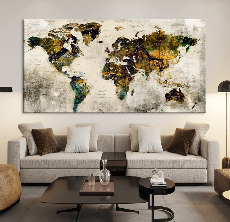 Extra Large World Map Canvas Wall Art Print Vintage Multi Panel Rustic ...
