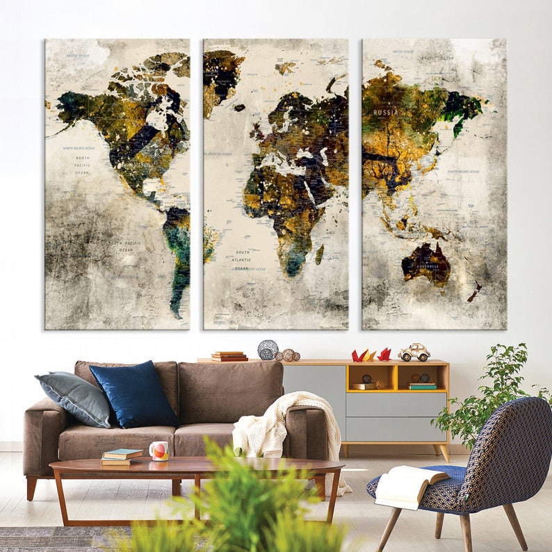 Extra Large World Map Canvas Wall Art Print Vintage Multi Panel Rustic ...