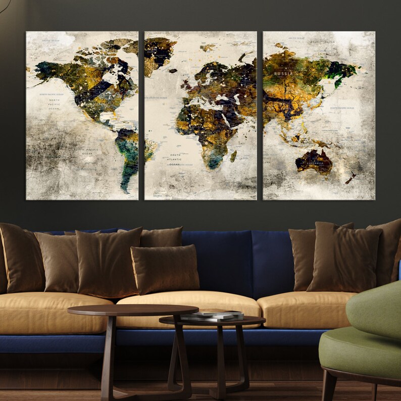 Extra Large World Map Canvas Wall Art Print Vintage Multi Panel Rustic ...