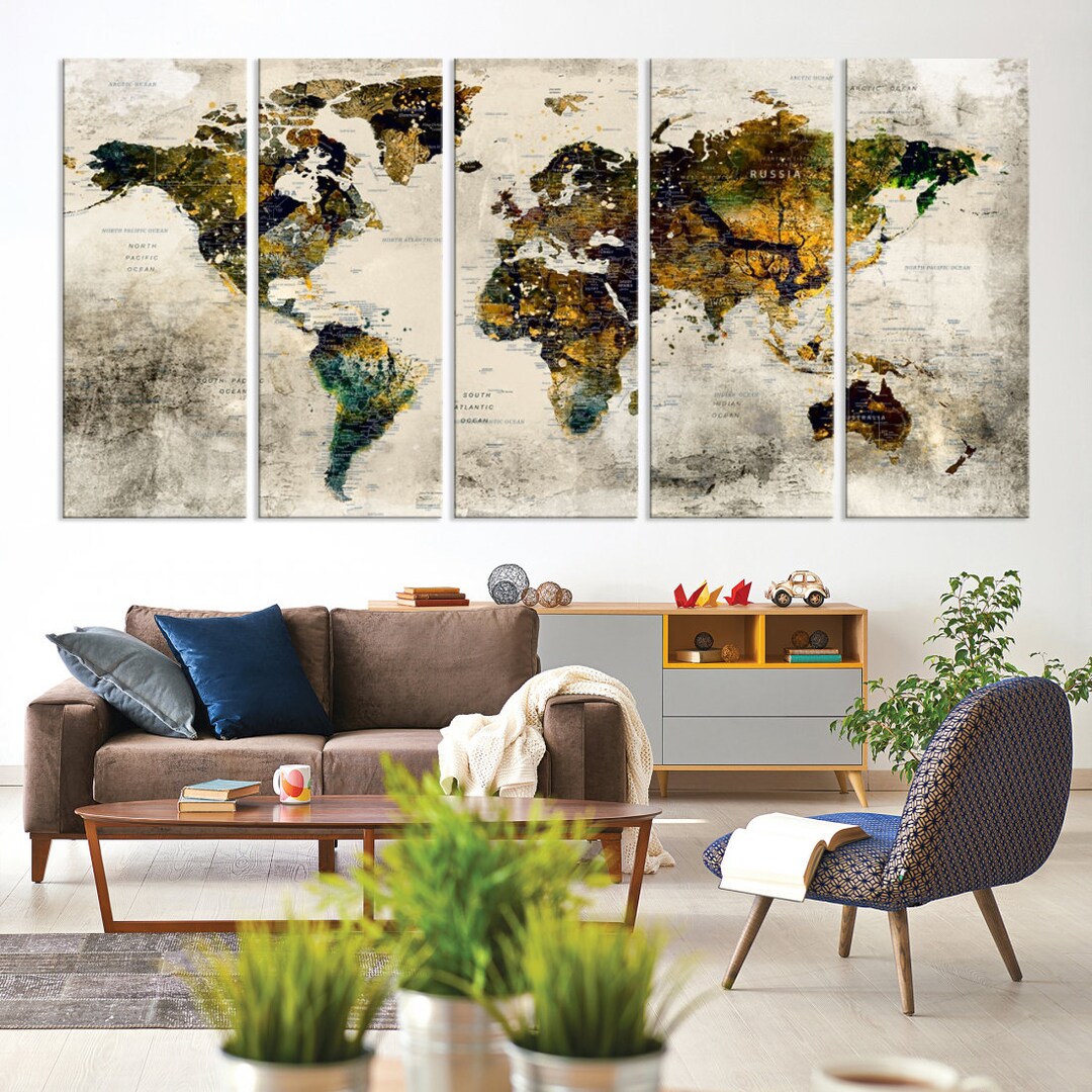 Extra Large World Map Canvas Wall Art Print Vintage Multi Panel Rustic ...