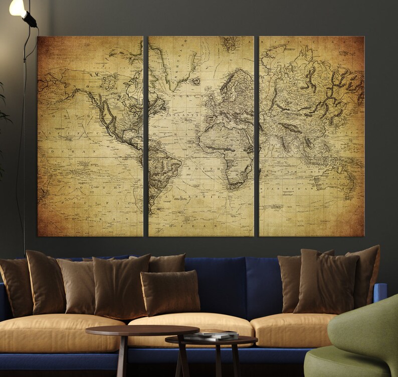 Antique World Map Canvas Wall Art Print Extra Large Multi Panel Rustic ...