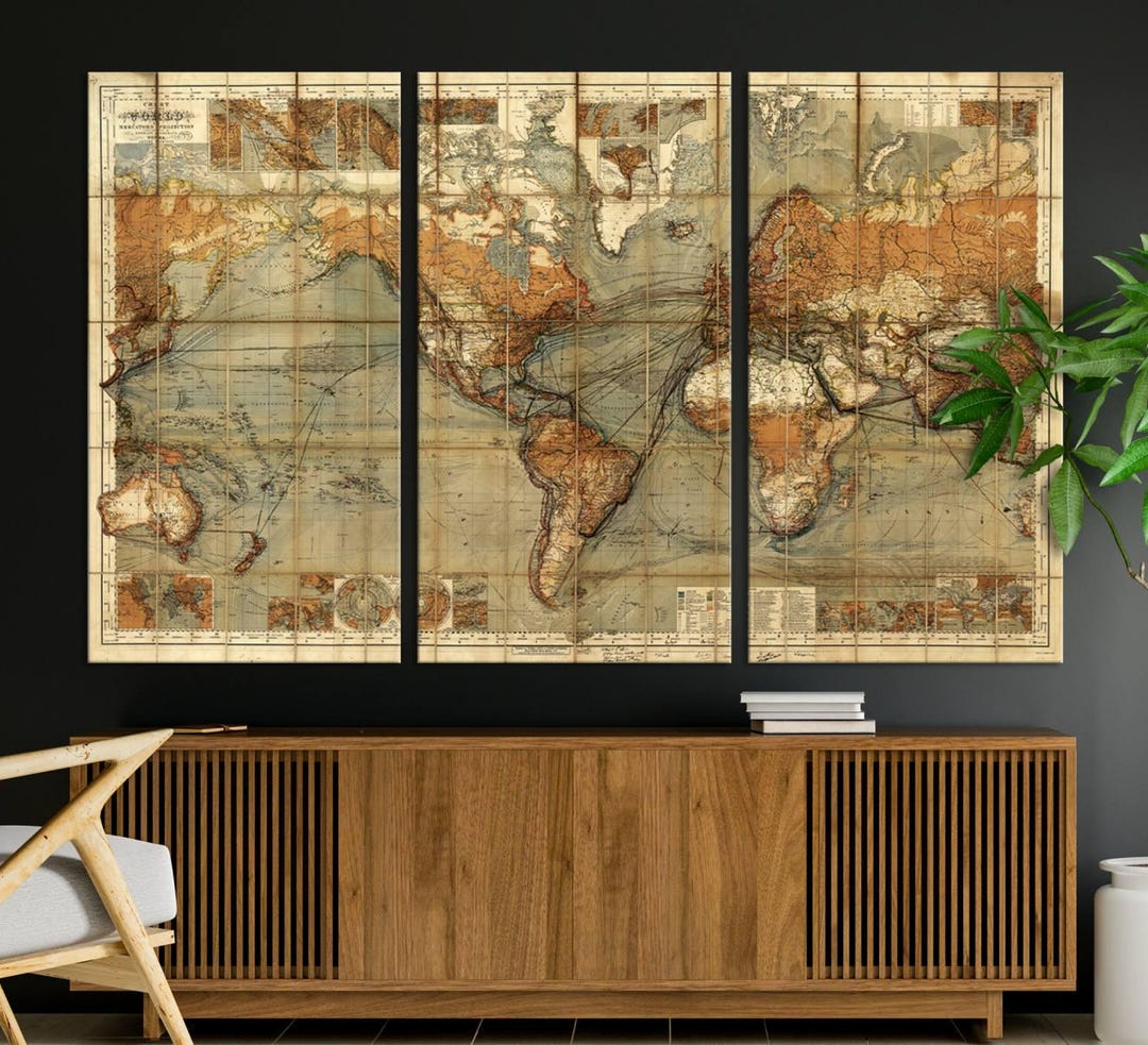 Ancient Nautical World Map Canvas Print Antique Maritime Chart Art ...