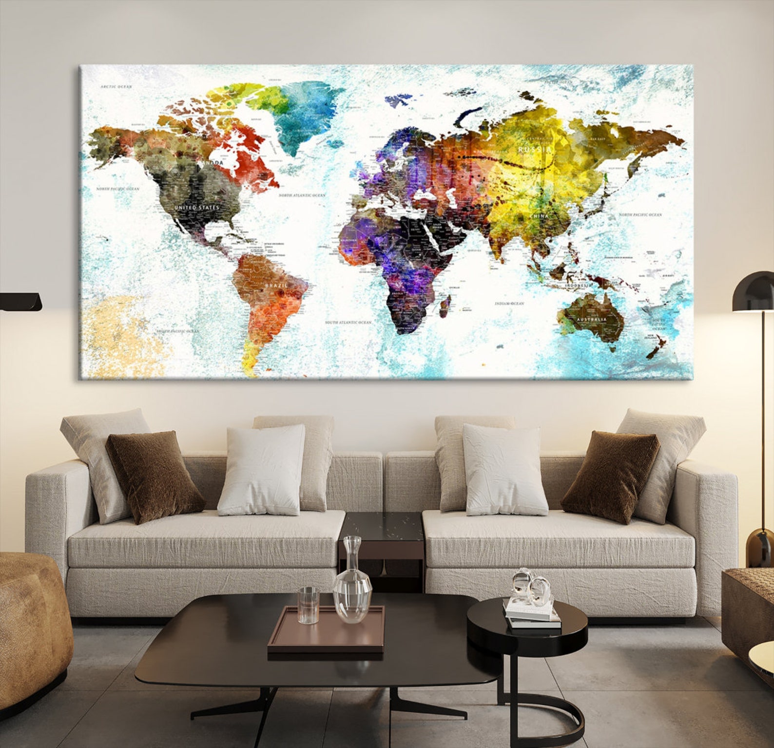 Colorful Textured World Map Canvas Wall Art Print Extra Large Multi ...