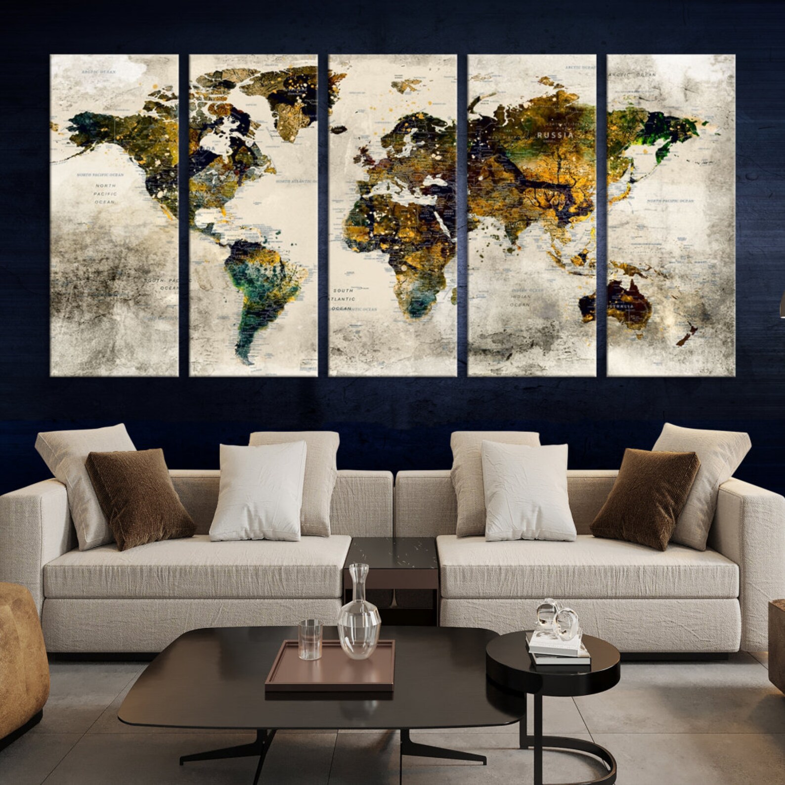 Extra Large World Map Canvas Wall Art Print Vintage Multi Panel Rustic ...