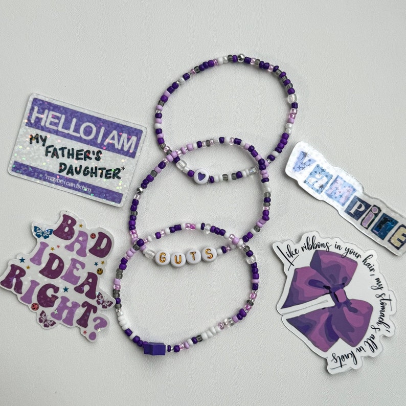 Olivia Rodrigo GUTS Tour Inspired Purple Beaded Bracelet and Sticker ...