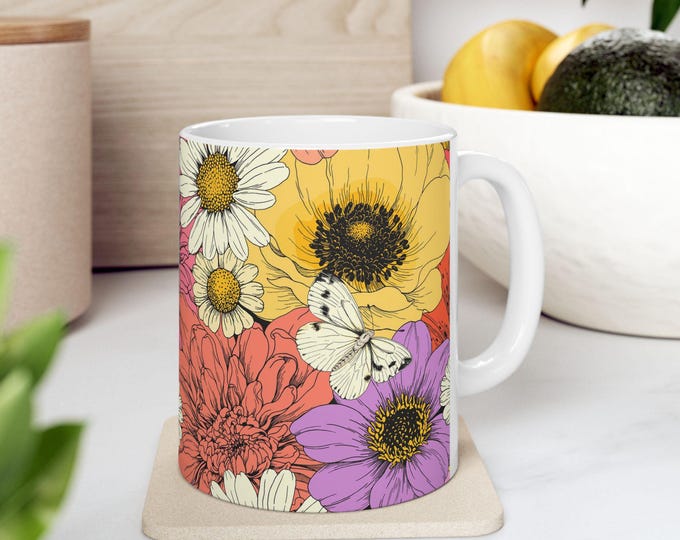 Floral Coffee Mug, Colorful Botanical Design, Symmetrical Ceramic Mug ...
