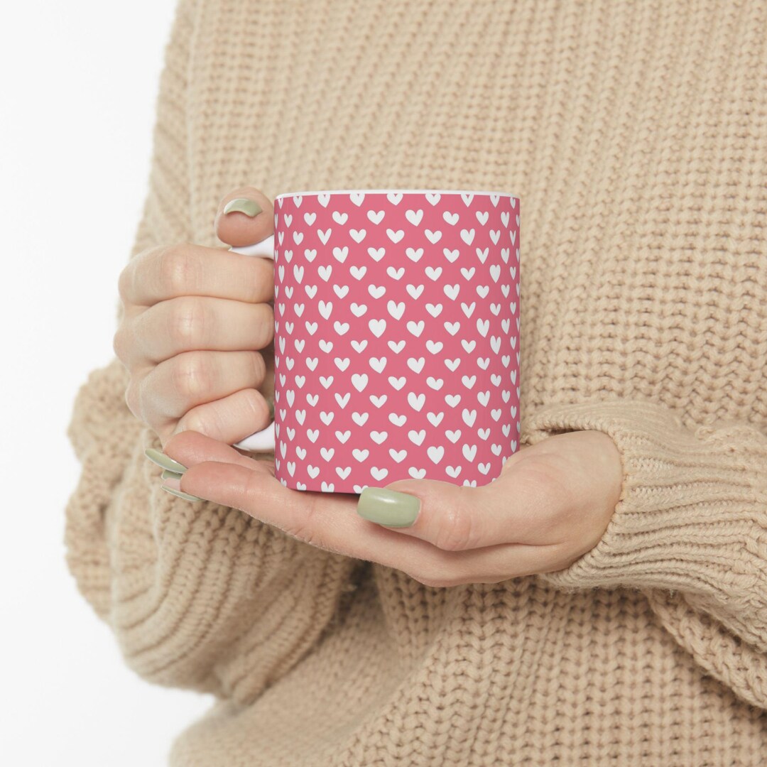 Pink Love Heart Pattern Ceramic Mug - Valentine's Day Gift, Cute Coffee ...