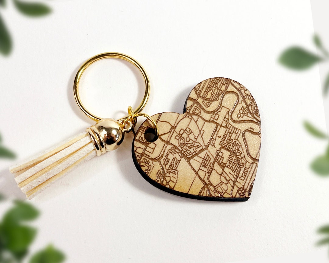 Custom City Map Keychain Personalized Engagement Map Key Chain Wood ...