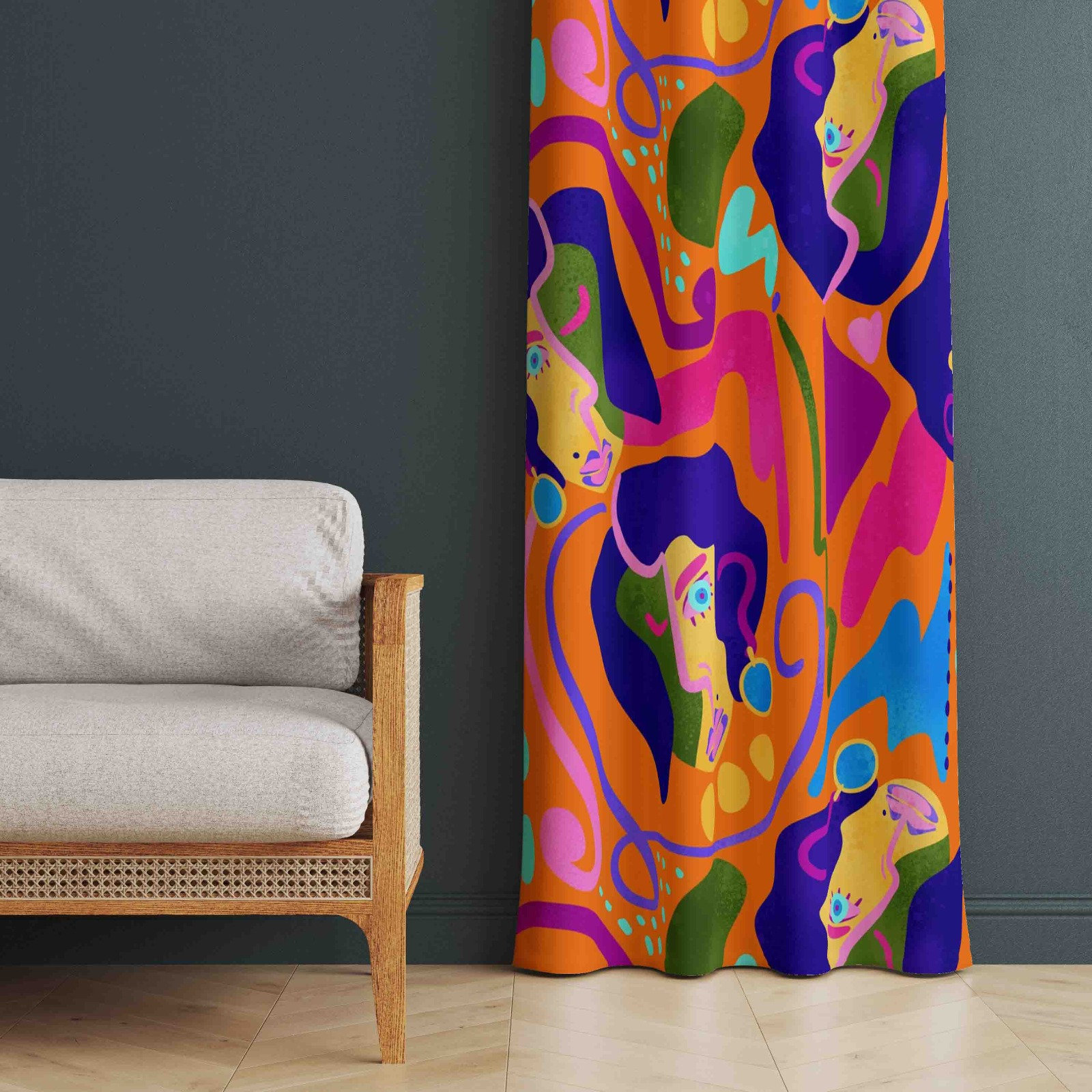 Vibrant Colorful Modern Window Curtains, Abstract Face Pattern Colorful ...