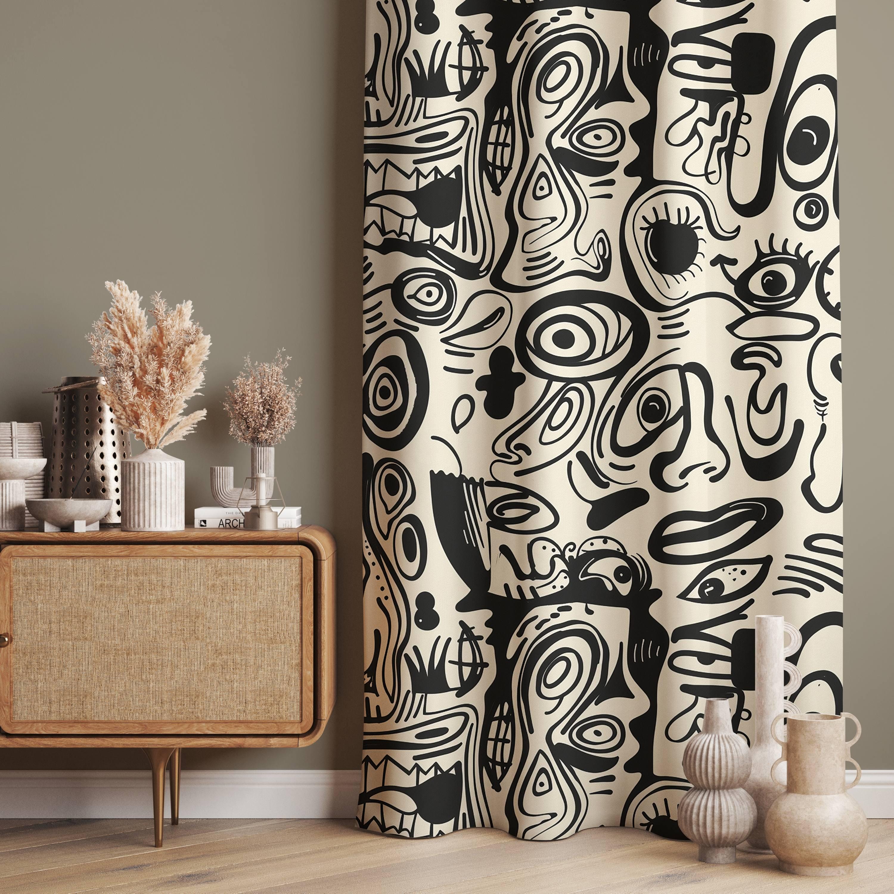 Black and White Abstract Faces Design Window Curtain, Minimalist ...