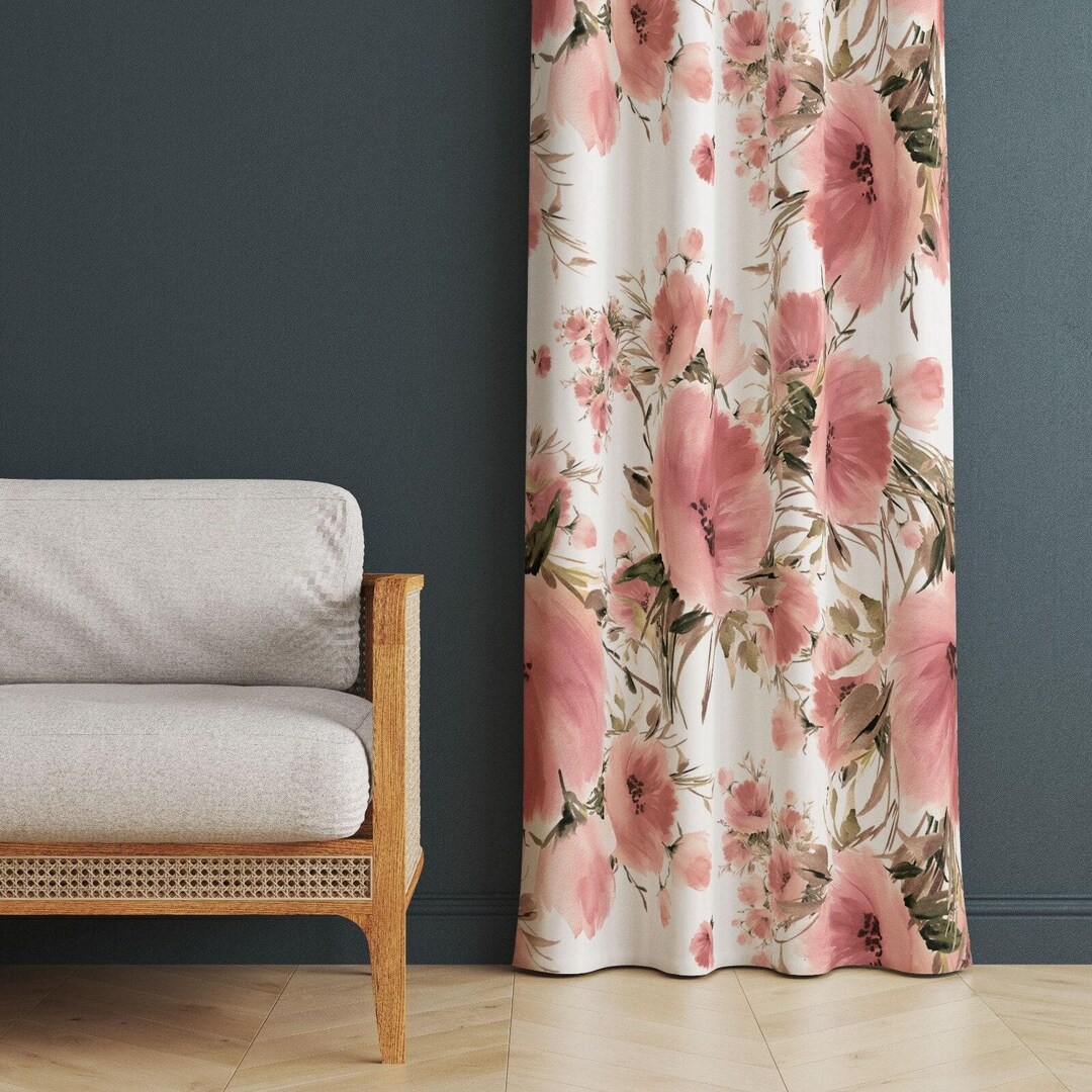 Pink Flower Design Window Curtains, Flower Patterned Living Room ...