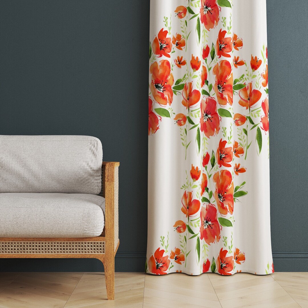 Red Corn Poppy Window Curtains: Botanical Floral Drapes, Blackout ...