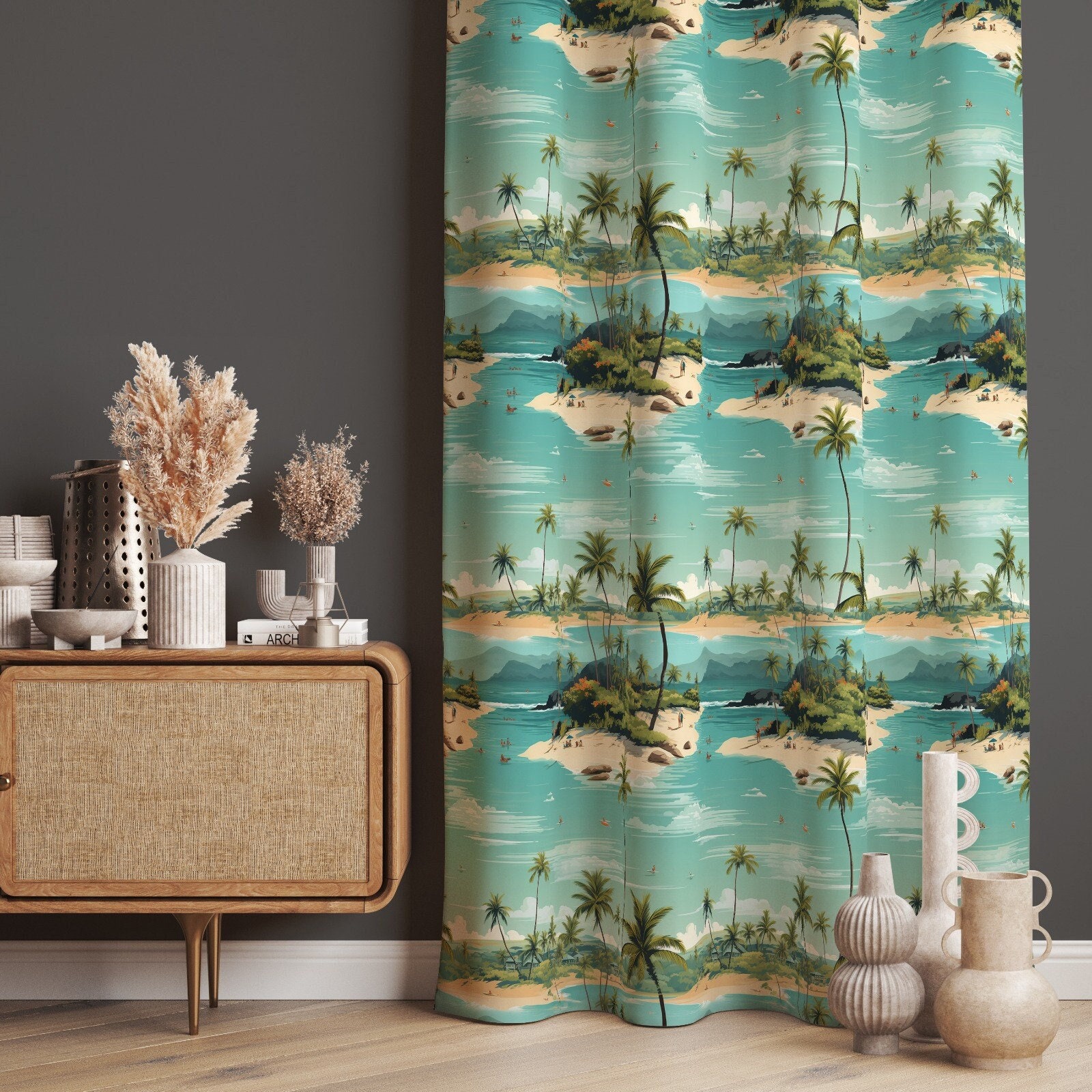 Palm Tree Themed Window Curtains, Palm Tree Decor Drapes, Beach Themed ...