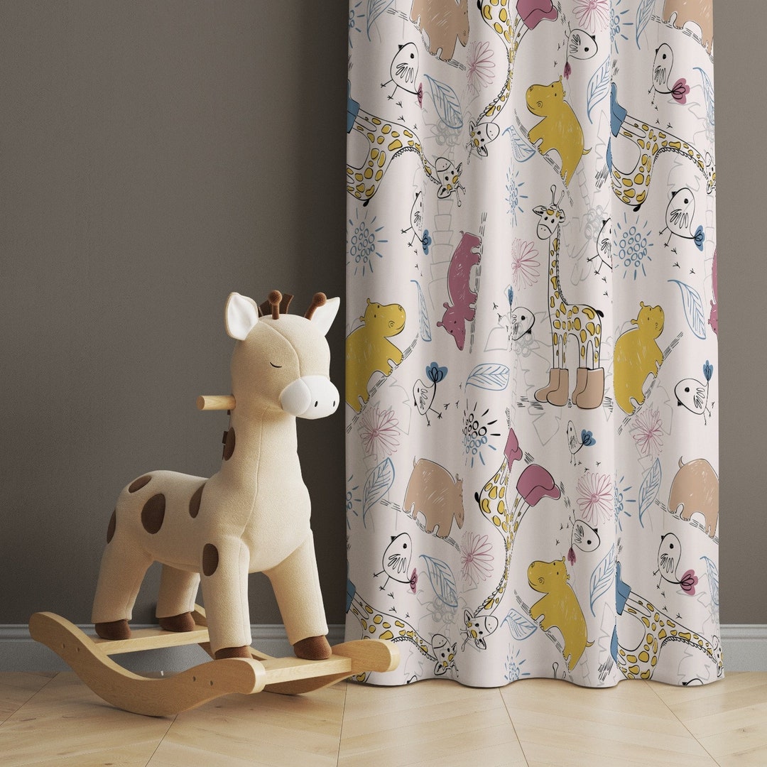 Animal Drawings Nursery Curtains: Playful Kids Room Drapes, Blackout ...