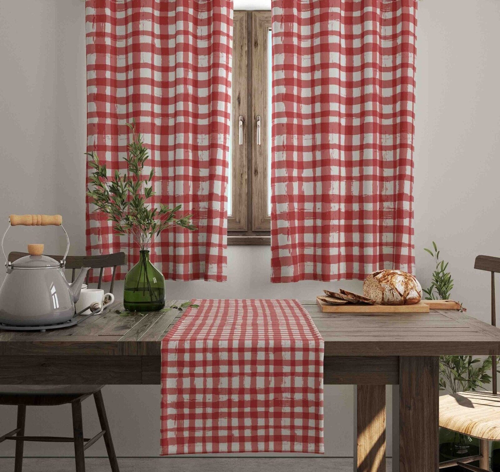 Red Plaid Curtains, Red Plaid Design Kitchen Drapes, Farmhouse Curtain ...