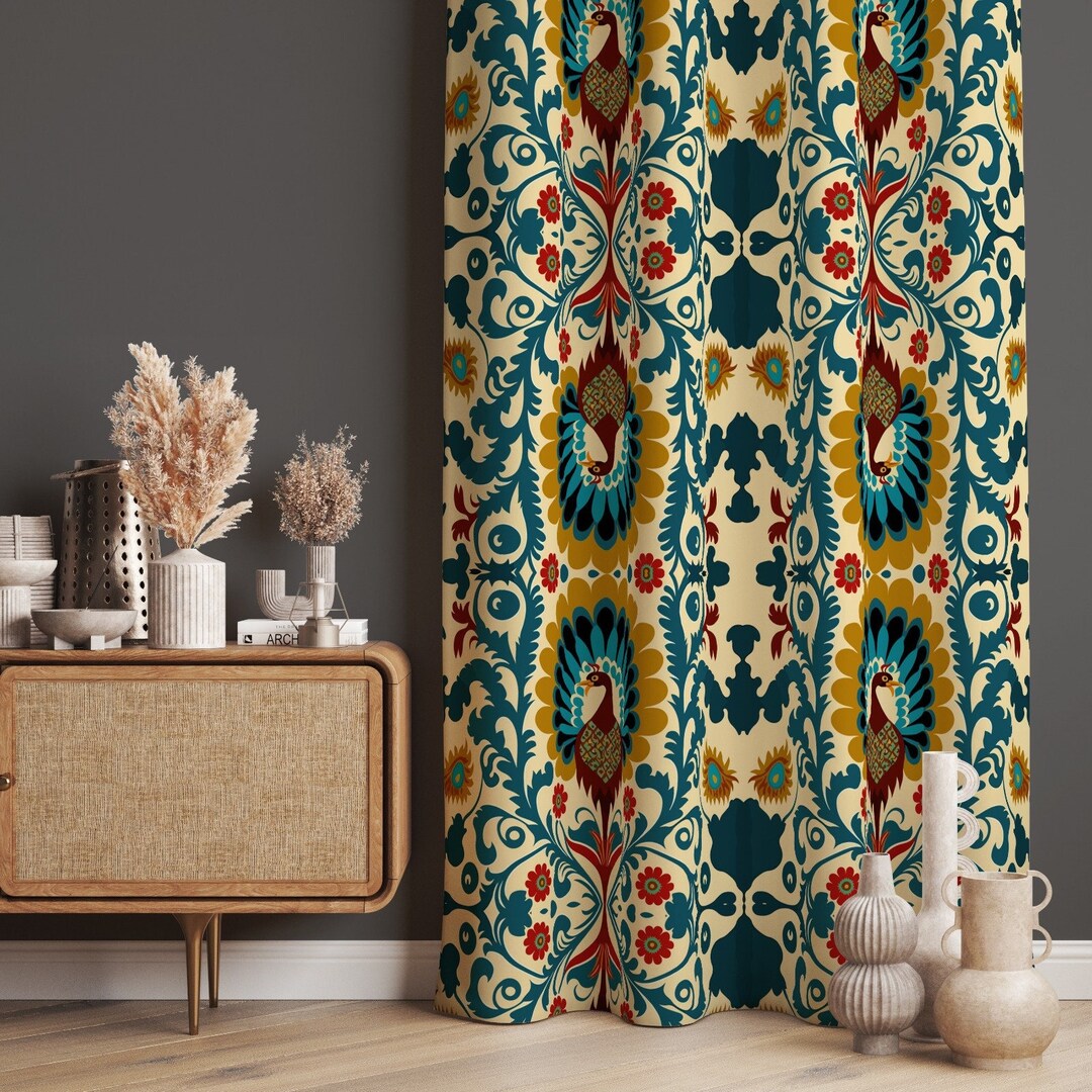 Window Curtains, Ethnic Decor Living Room Drapes, Peacock Drawing ...