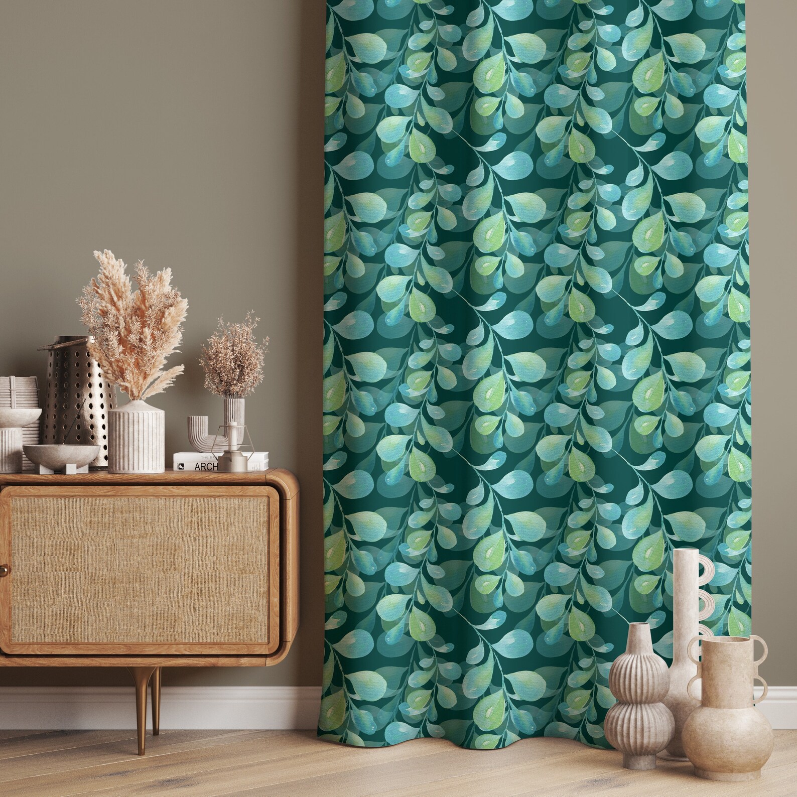 Watercolor Leaves Themed Teal Window Curtain, Botanical Leaf Drapery ...