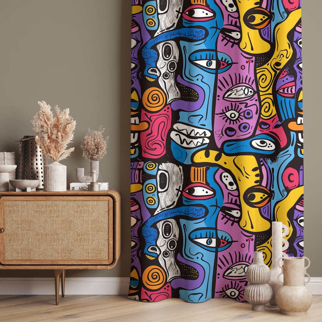 Window Curtains, Surreal Face Drapes, Abstract Art Window Treatments ...