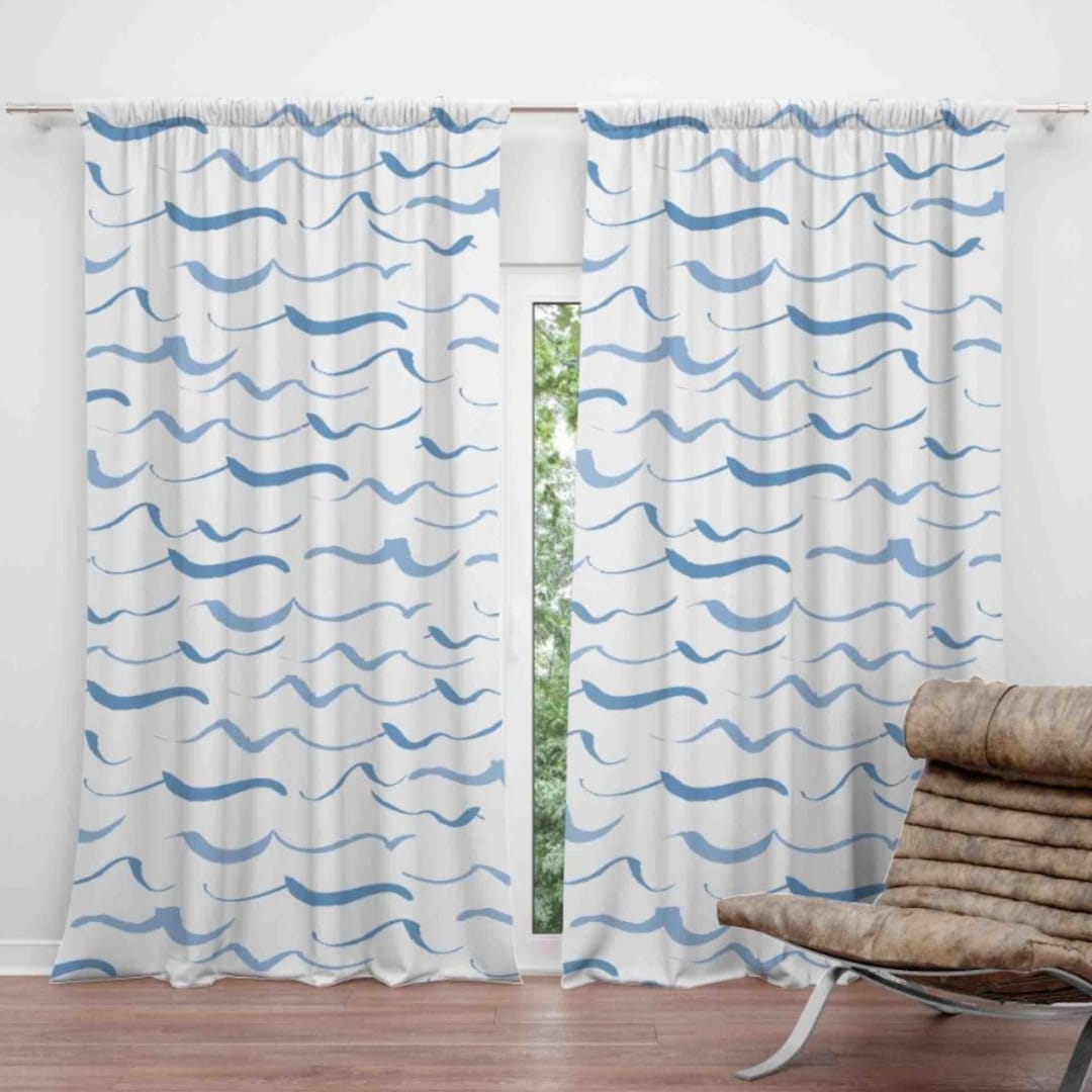 Modern Wave Print Curtain, Abstract Sea Wave Design Window Drapes ...