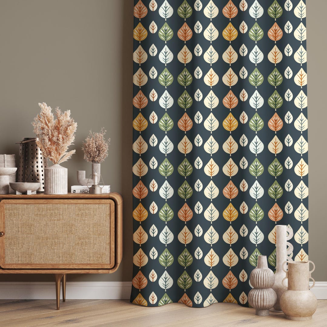 Retro Curtain, Leaf Design Window Drape, Mid Century Window Treatment ...