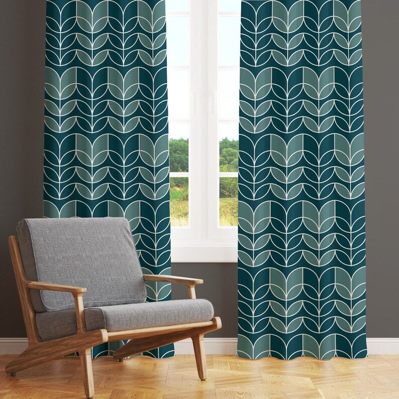 Mid Century Atomic Leaves Design Green Window Curtains, Abstract Retro ...