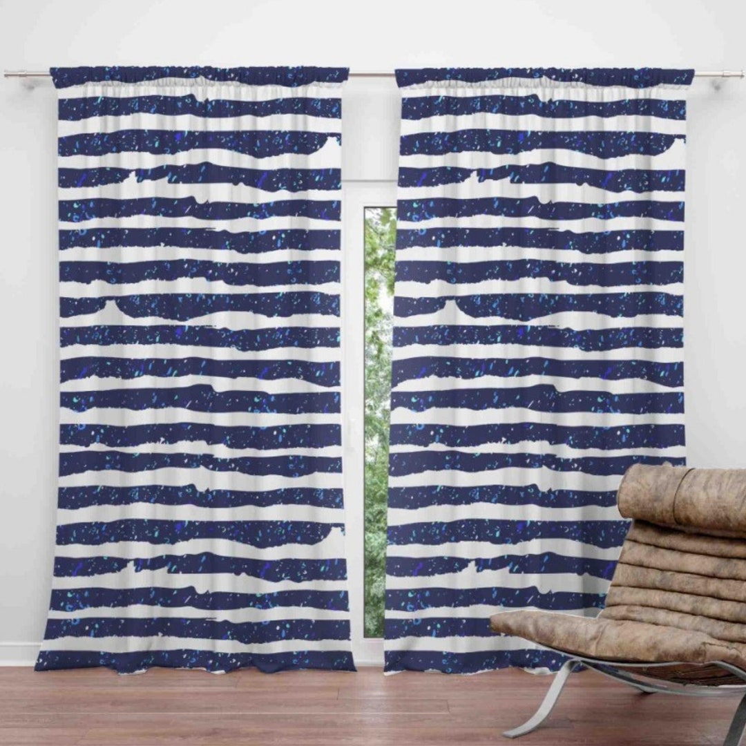 Coastal Decor Striped Window Curtain, Navy Blue Stripe Drapes, Maritime ...