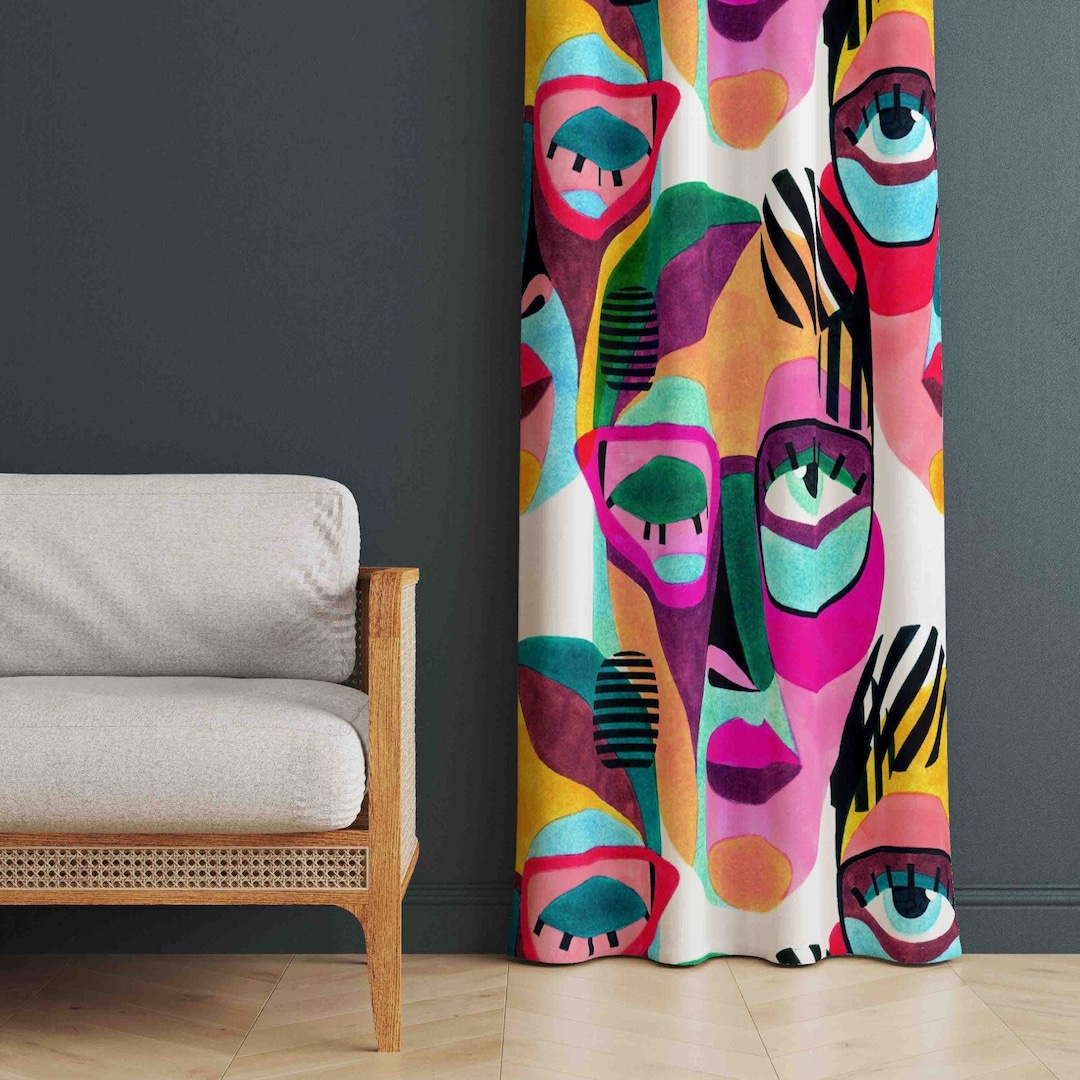 Colorful Abstract Face Pattern Window Curtain, Abstract Style Curtain ...
