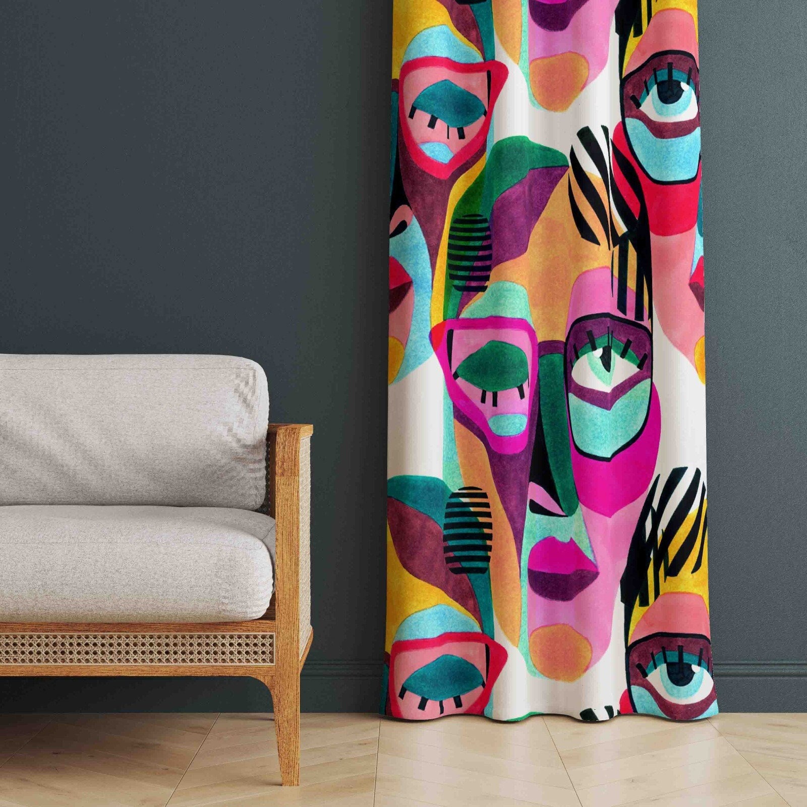 Colorful Abstract Face Pattern Window Curtain, Abstract Style Curtain ...