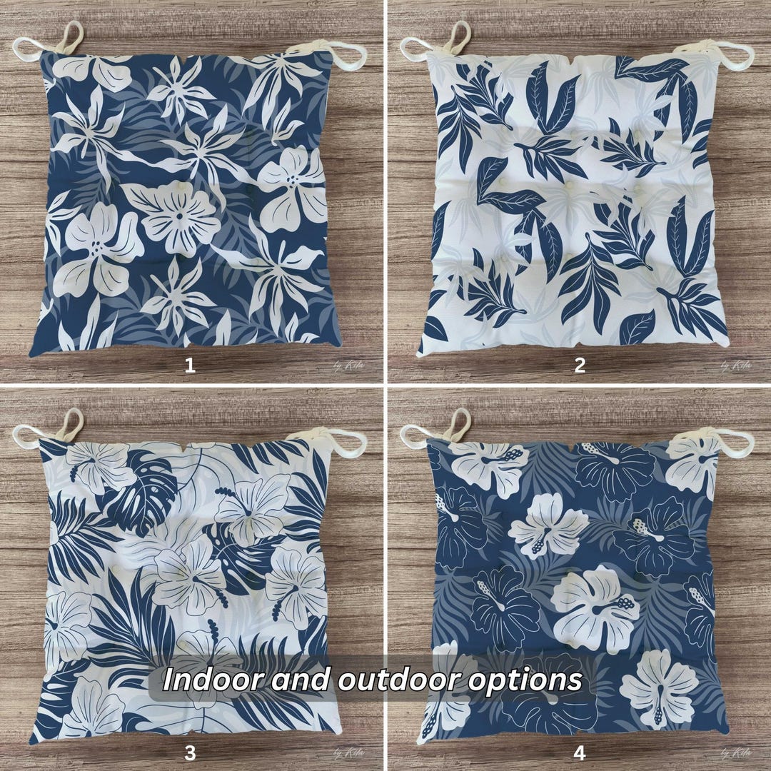 Botanical Seat Pad, Blue Tones Chair Cushion, Puffy Square Outdoor and ...