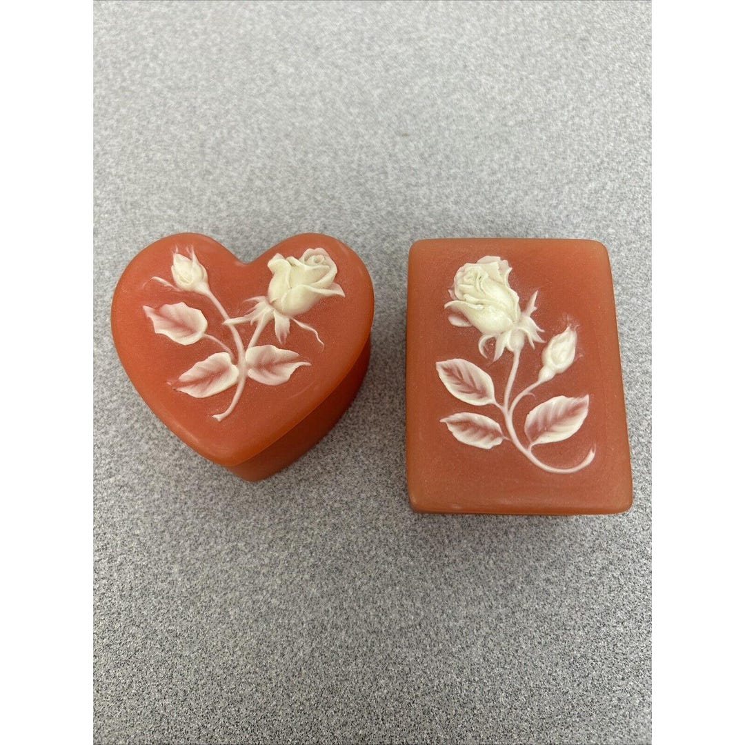 Vintage Incolay Pink Trinket Boxes, Rectangle & Heart Shape-inlaid Rose ...