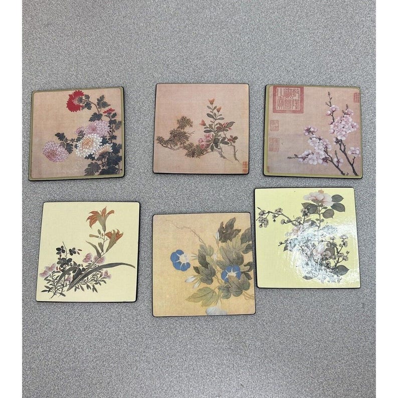 2 Sets of Japanese Coasters, UKIYOE Art Works Set W/10 & Wooden Floral ...