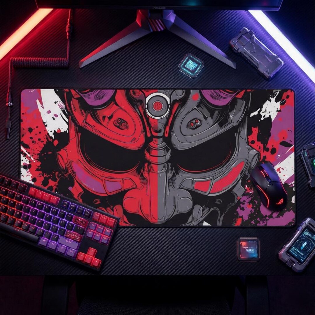 Cyberpunk Oni Mask Desk Mat | Neon Pink Mecha, Japanese Streetwear ...