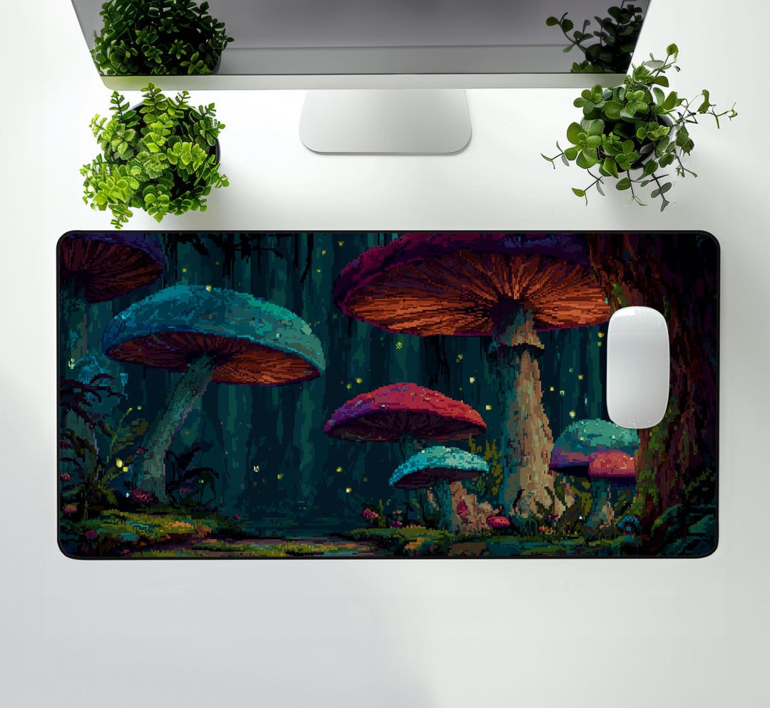 Glow Mushroom Desk Mat: Pixel Art Fairy Forest, Neon Gamer Decor - Etsy