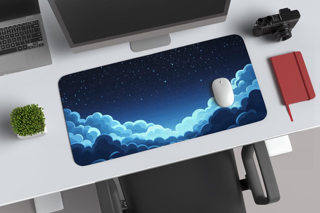 Puffy Clouds Desk Mat - Kawaii Blue and White Desk Pad, Cute Mouse Pad ...