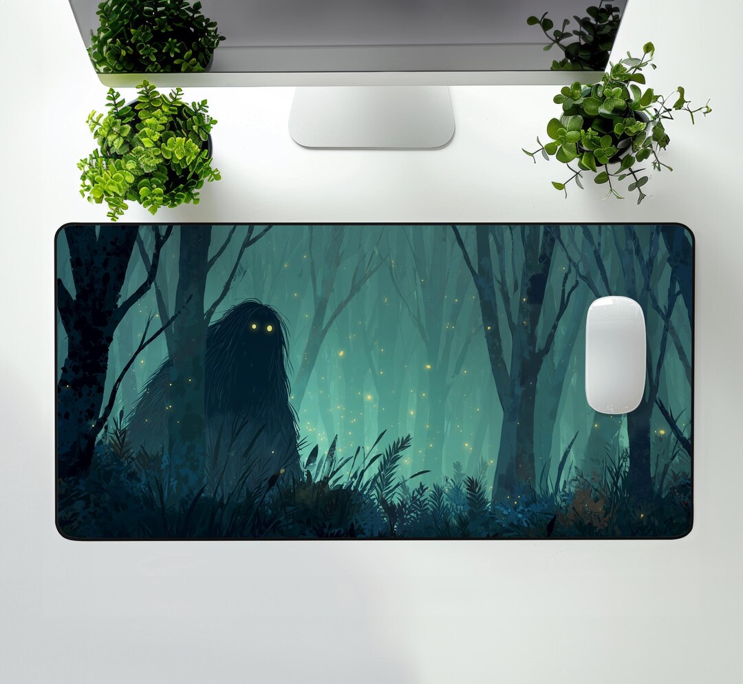 Forest Cryptid Desk Mat | Misty Woods & Glowing Eyes Art - Etsy