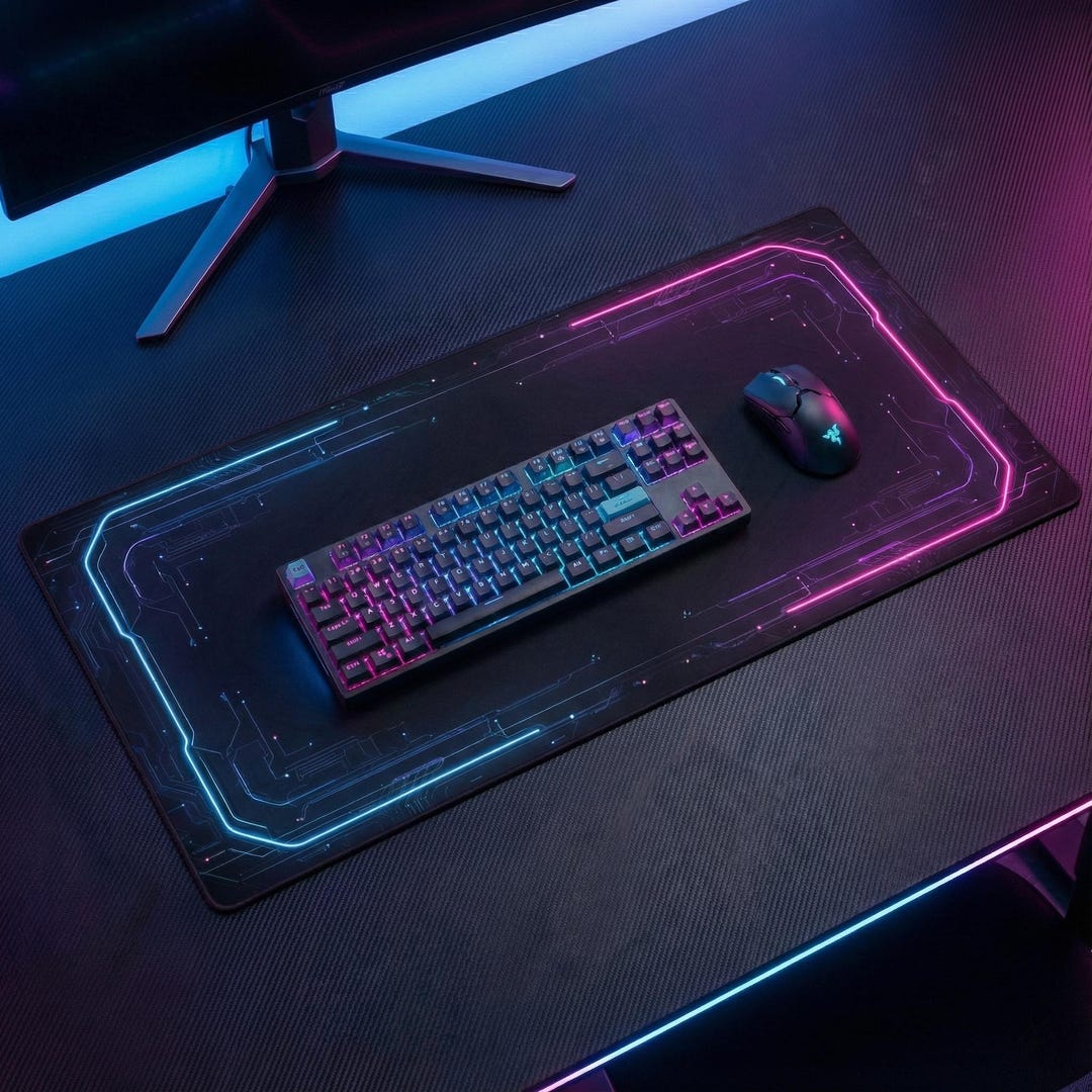 Neon Circuit Border Desk Mat, Clean Center Keyboard Desk Pad, Cyberpunk ...
