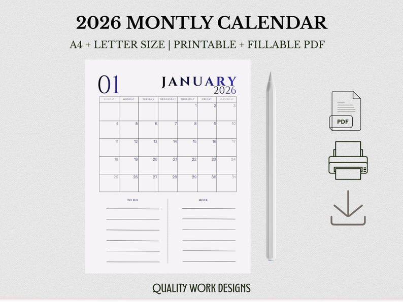 Monthly Calendar 2026 Minimalist Planner, Printable Fillable Monthly ...