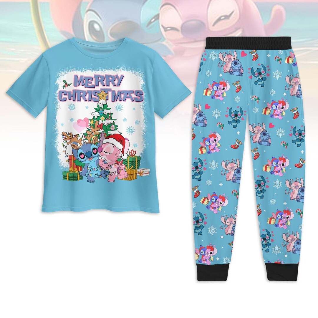 Stitch and Angel Christmas Pajamas Pants, Disney Cartoon T-shirt, Lilo ...
