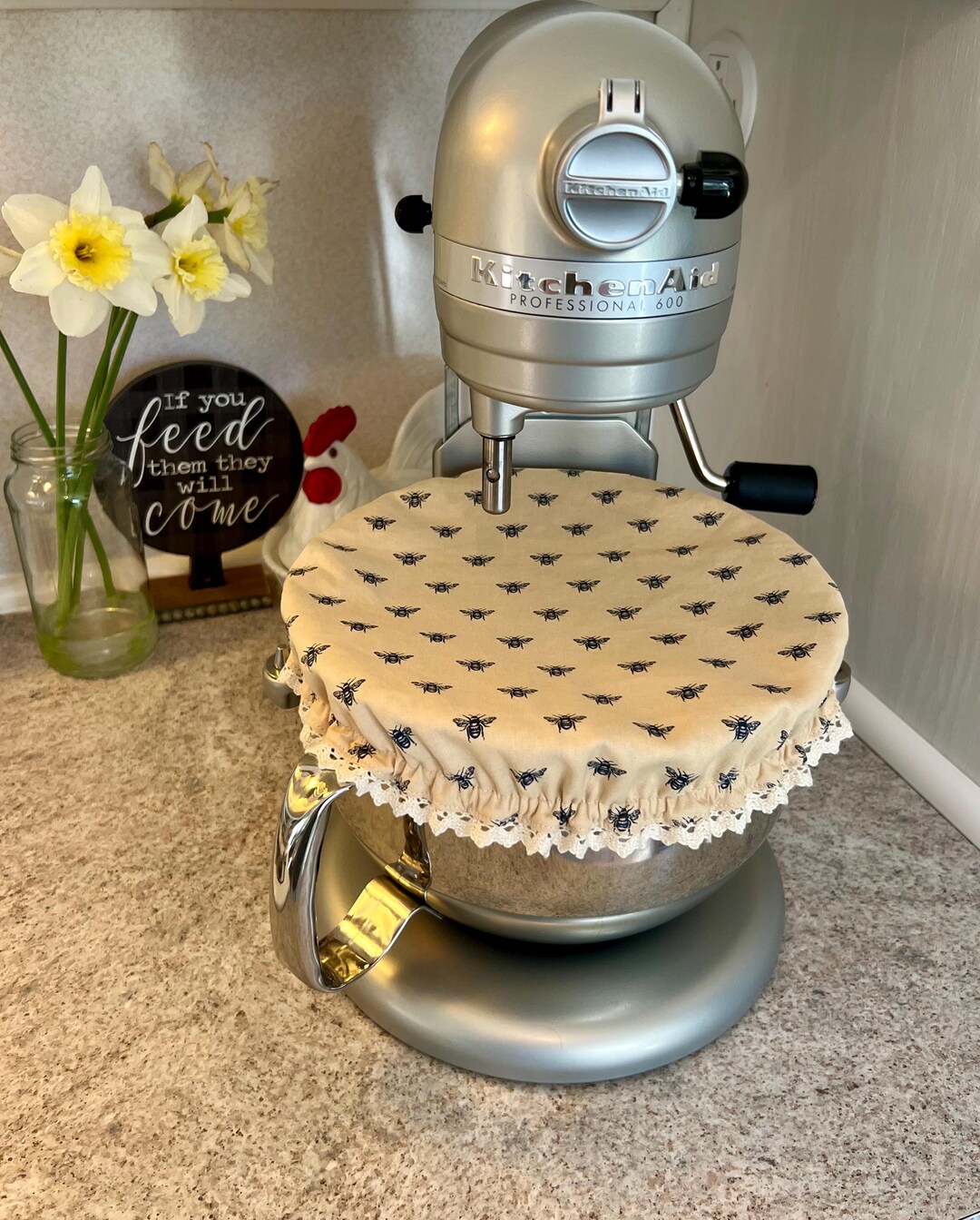Reversible Mixer Bowl Cover: Crochet Lace, Tea Dye Bees & Blue Floral ...