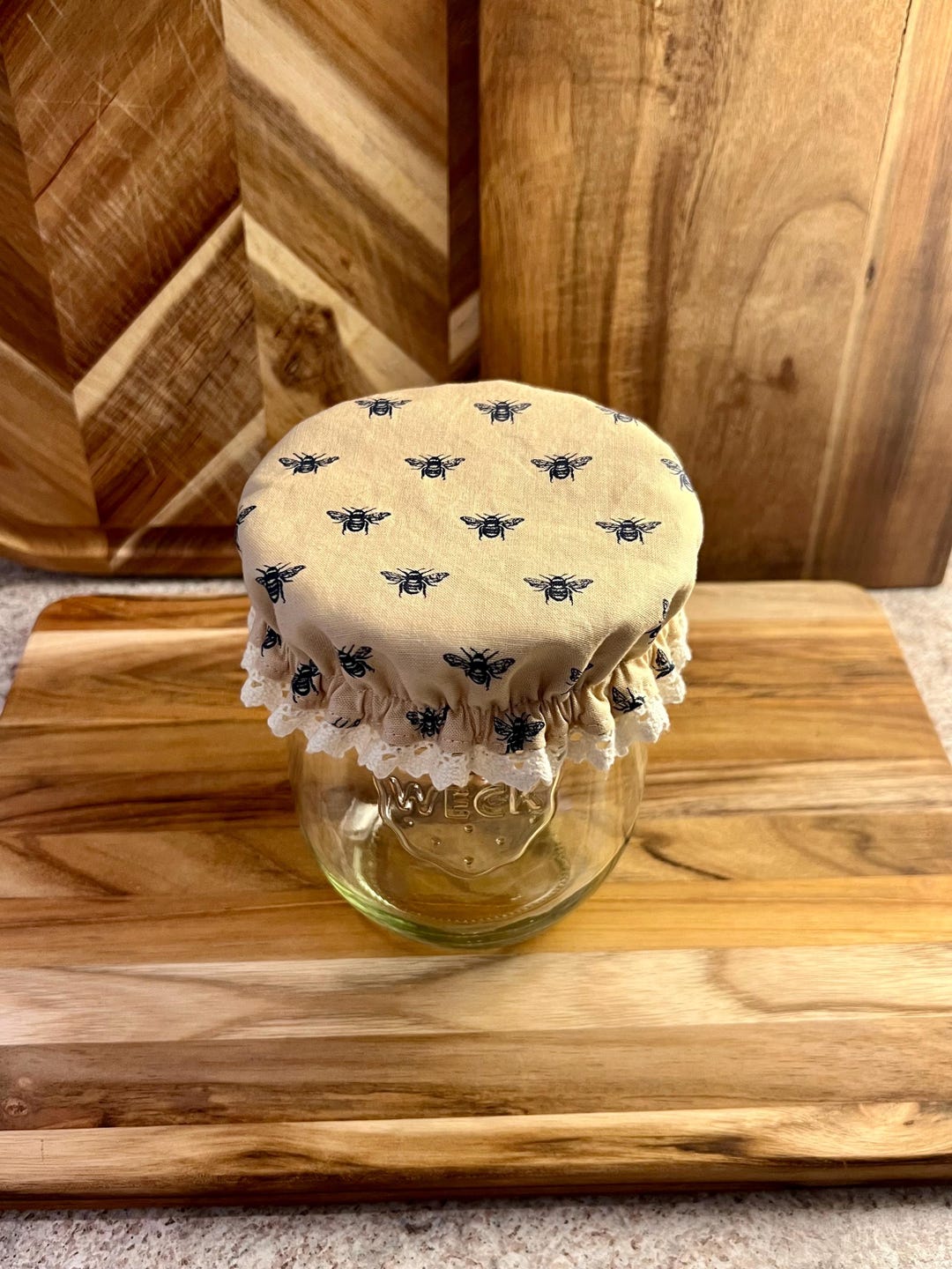 Reversible Weck Jar Cover: Crochet Lace, Tea-dye Bees Floral, Reusable ...