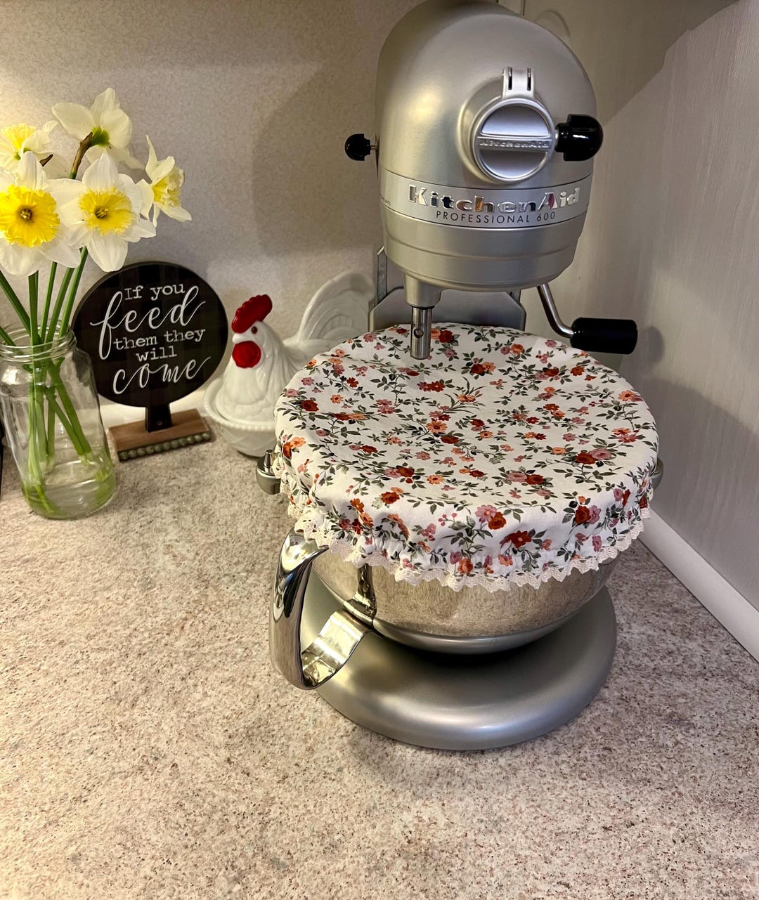 Reversible Mixer Bowl Cover: Crochet Lace Trim, Emily & Rust Florals ...
