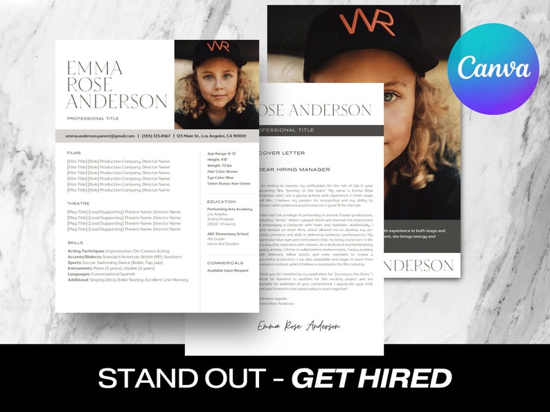 Child Actor Resume Template Editable in Canva | Cover Letter & Headshot ...