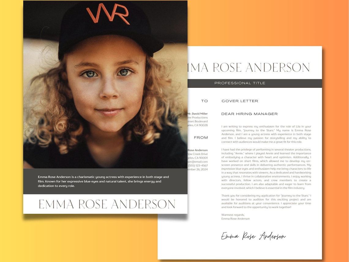 Child Actor Resume Template Editable in Canva | Cover Letter & Headshot ...