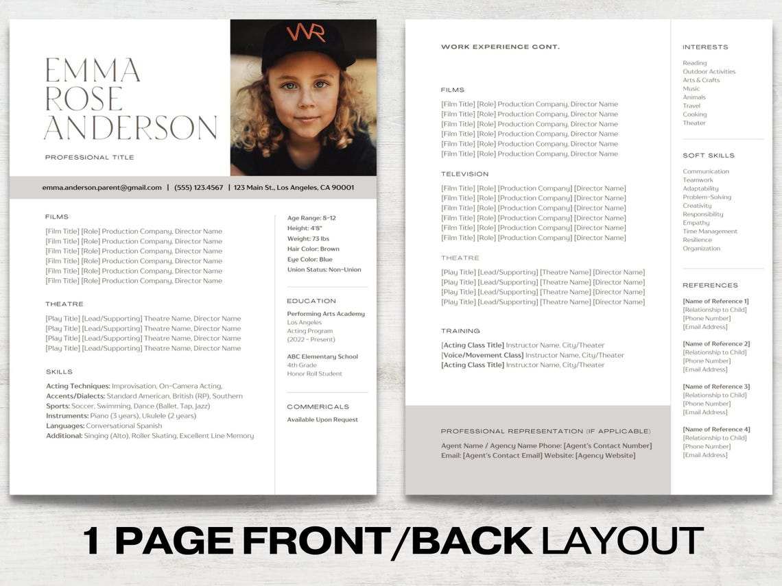 Child Actor Resume Template Editable in Canva | Cover Letter & Headshot ...