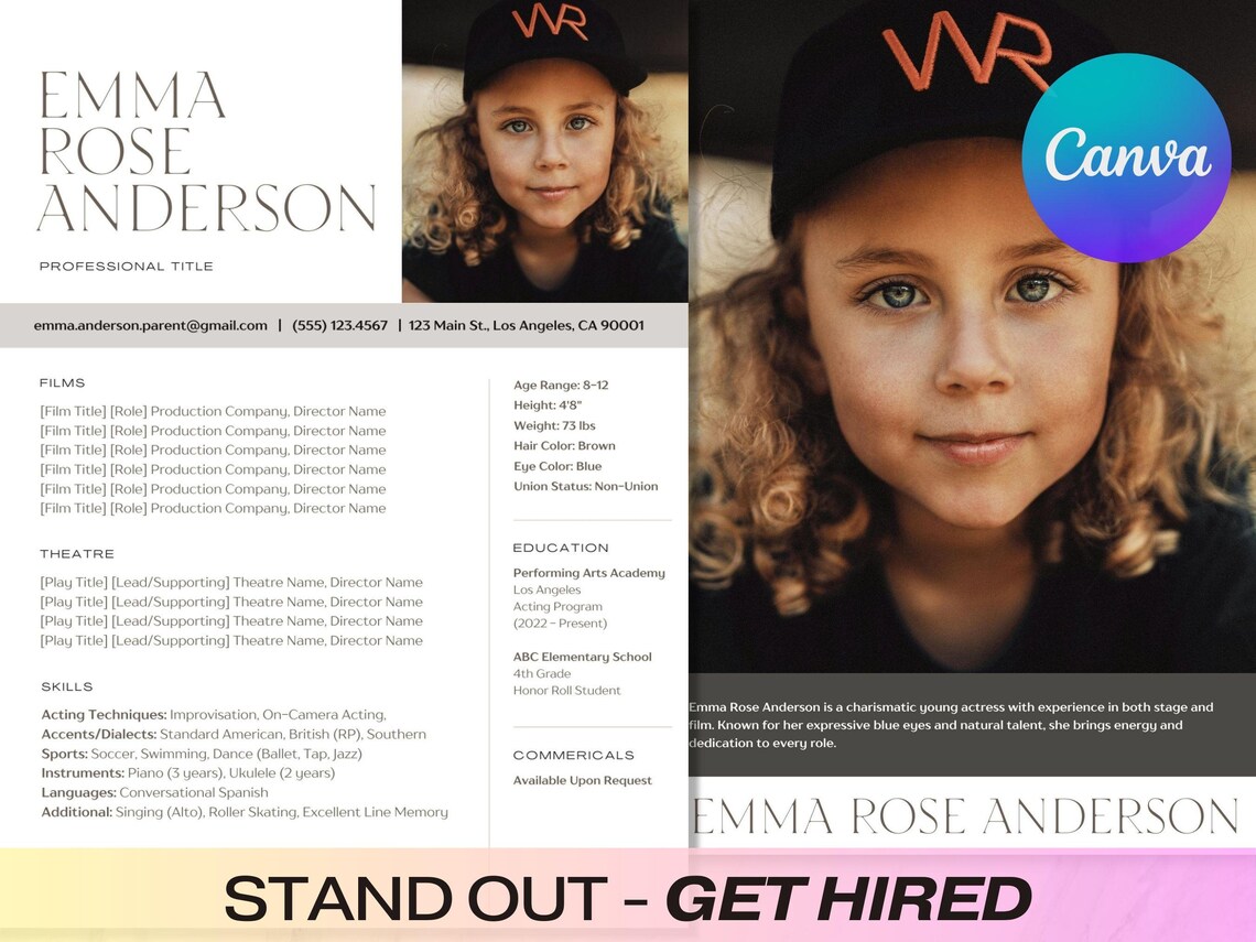 Child Actor Resume Template Editable in Canva | Cover Letter & Headshot ...